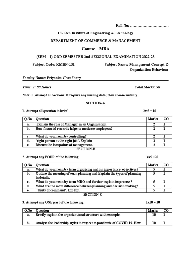 Mcob-101 Sessional Examination | PDF | Business | Behavioural Sciences
