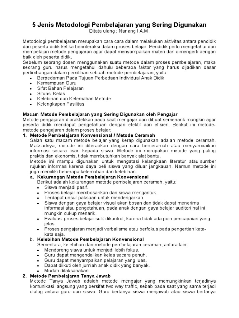5 Jenis Metodologi Pembelajaran Yang Sering Digunakan | PDF
