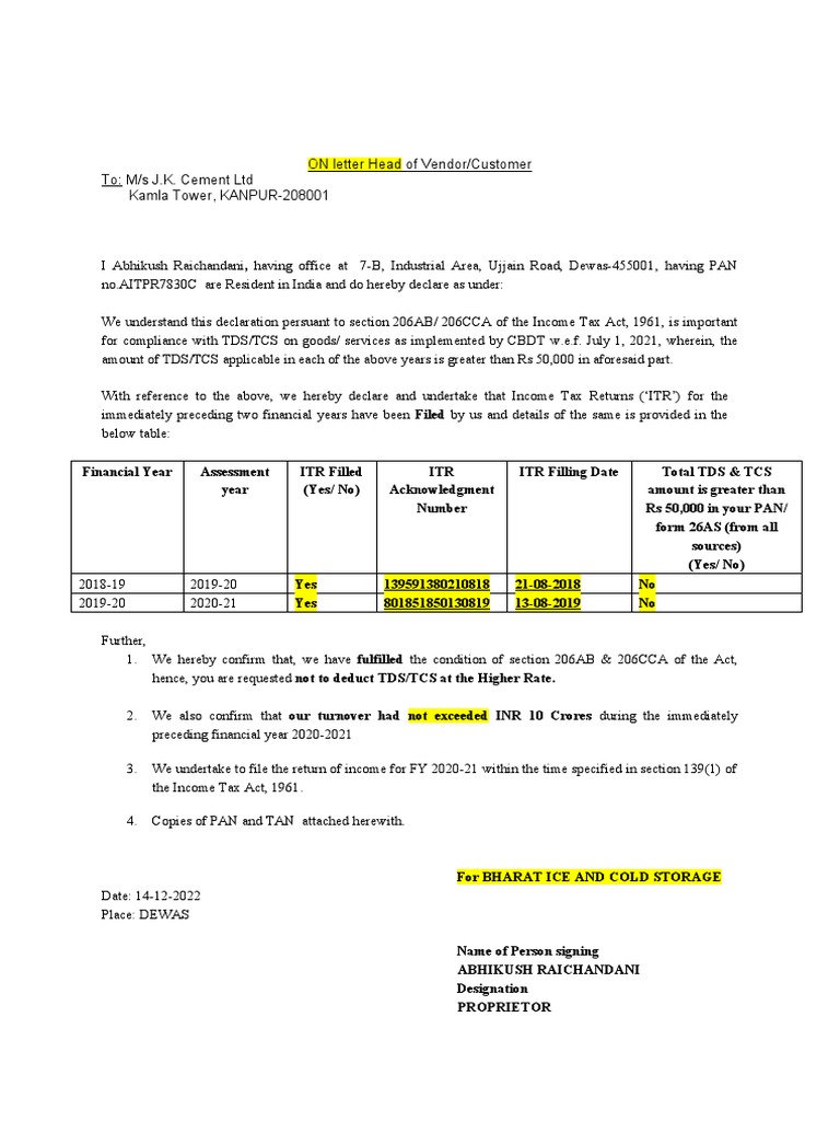 Declaration 206AB and 206CCA For Vendor & Customer | PDF | Public Law ...