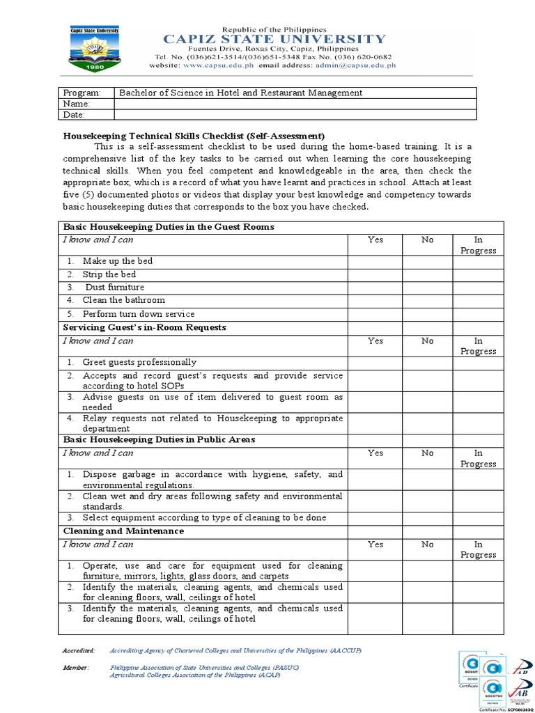 Self-Assessment Checklist for Developing Housekeeping and Food and ...