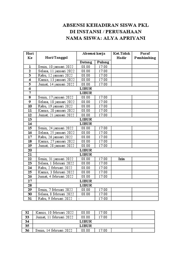 Absensi Kehadiran Siswa PKL | PDF