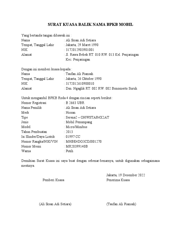 Surat Kuasa Balik Nama BPKB Mobil | PDF