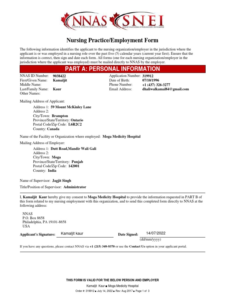 NNAS Nursing Employment Form | PDF | Nursing | Psychiatry