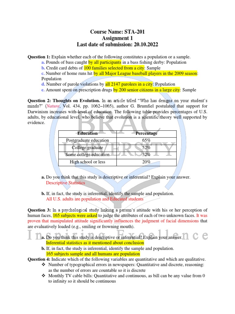 Assignment 1 STA 201 Solution | PDF | Statistics | Probability Distribution