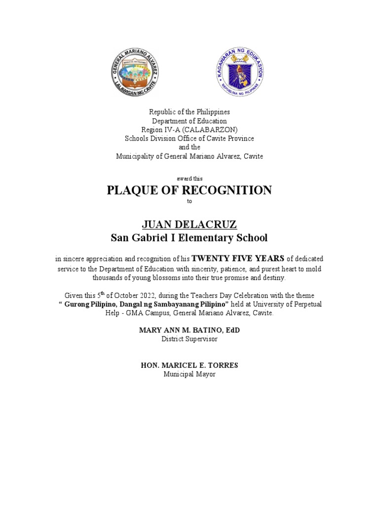 SAMPLE TEMPLATE Award This Plaque of Recognition | PDF