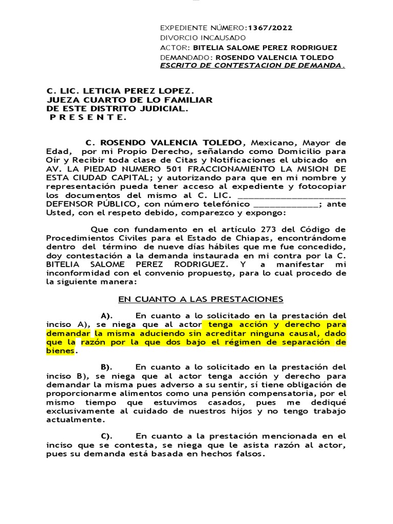 Formato De Contestacion De Demanda De Divorcio Incausado En El Estado