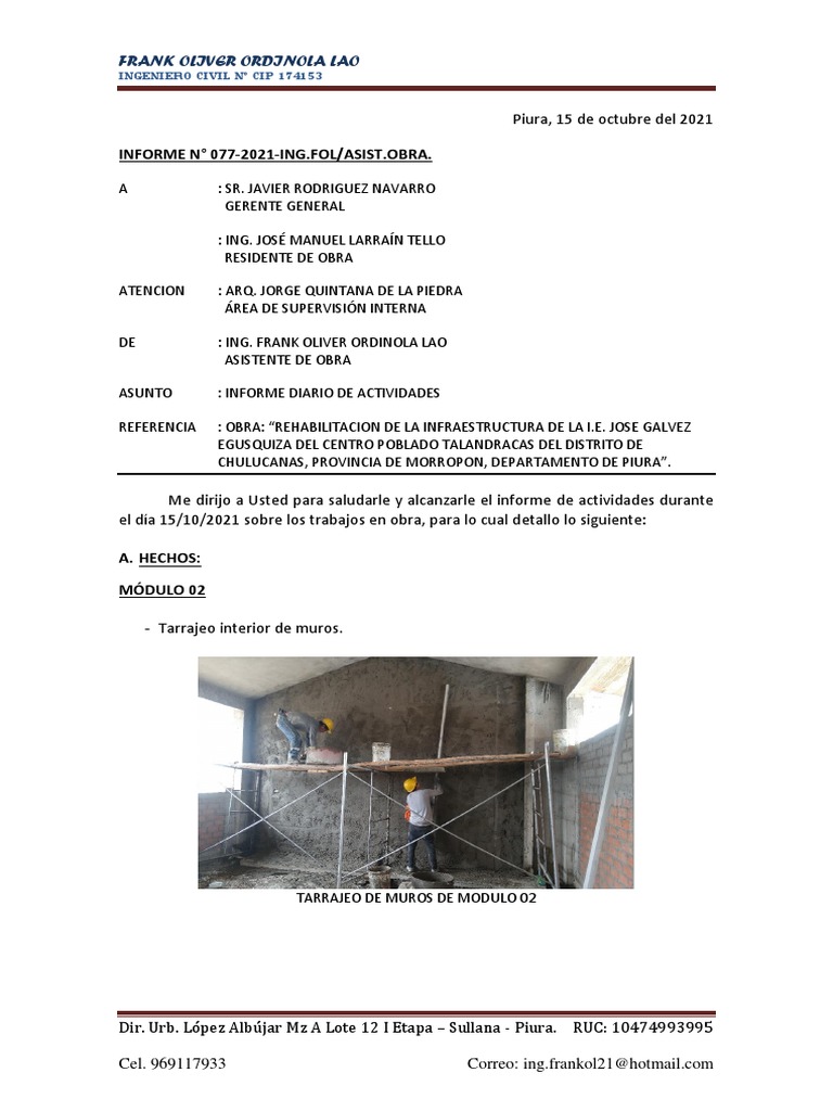 Informe Diario de Obra - 15-10-21 | PDF | Construyendo tecnología ...