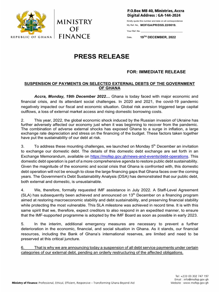 PRESS RELEASE - Suspension of Payments On Selected External Debts of ...