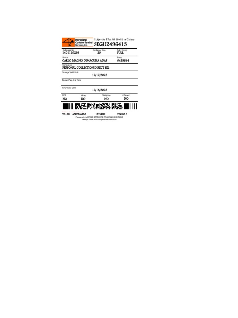 GATEPASS SEGU2496413 2022dec16-1 | PDF