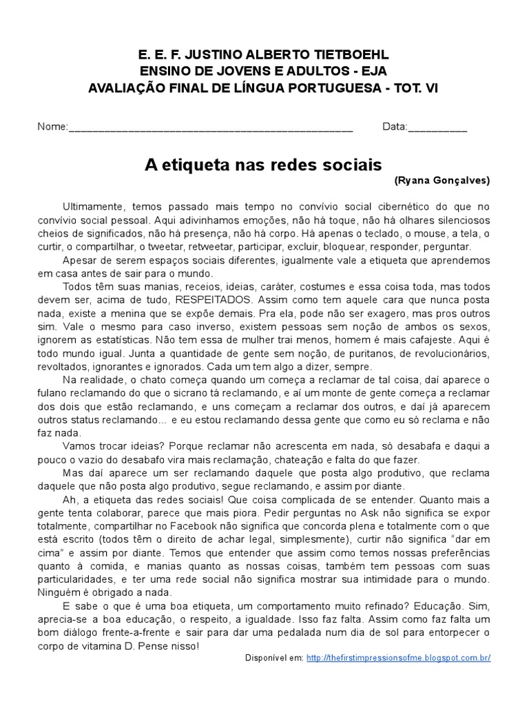 EJA - Prova Português | PDF | Sociologia | Rede social