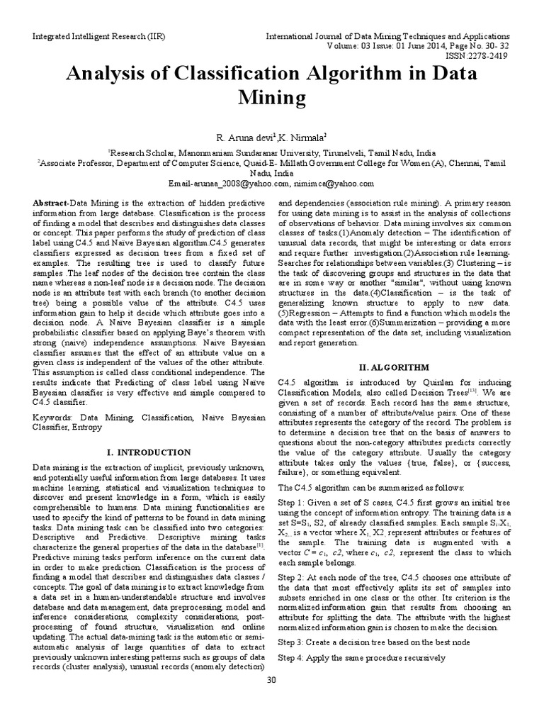 Analysis Of Classification Algorithm In Data Mining Pdf Statistical Classification