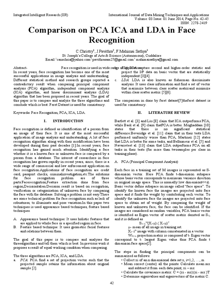 Comparison On Pca Ica And Lda In Face Recognition Download Free Pdf Principal Component