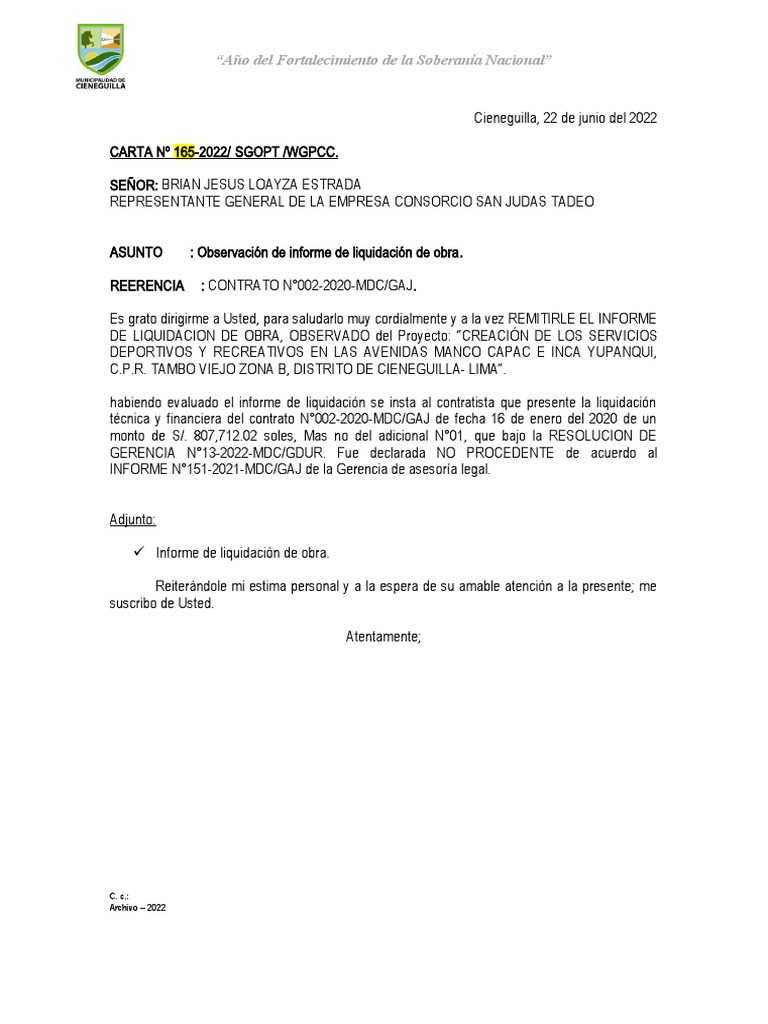 Carta #165-Remito Informe de Liquidacion | PDF