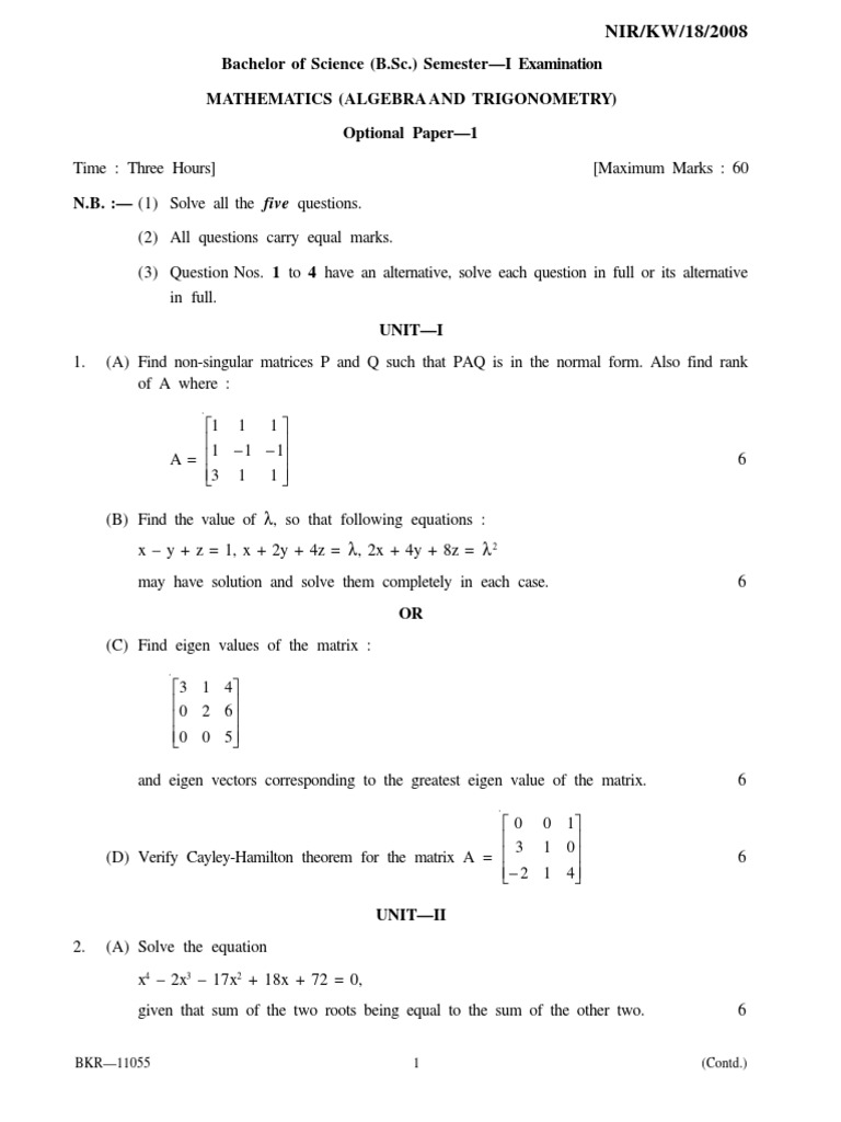 Bachelor of Science (B.SC.) Semester-I Examination Mathematics (Algebra ...