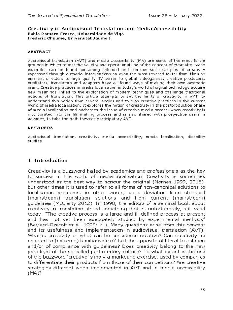 Creativity in Audiovisual Translation and Media Accessibility, Chaume and Romero-Fresco | PDF ...