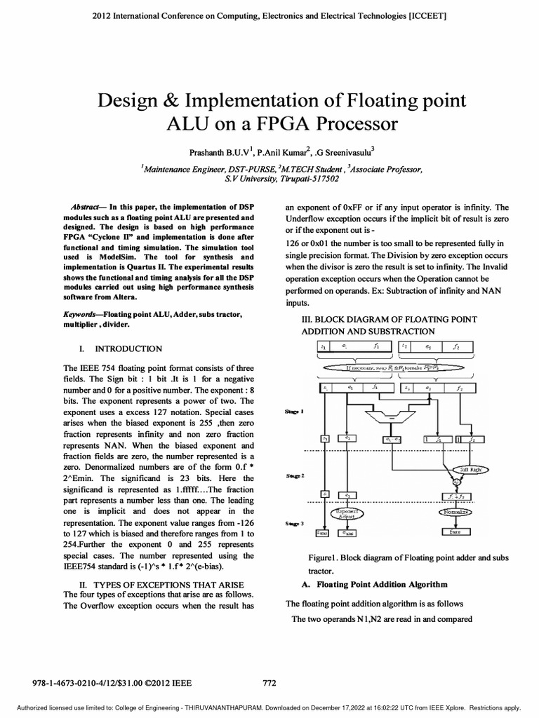 Design Amp Implementation of Floating Point ALU On A FPGA Processor | PDF | Field Programmable ...