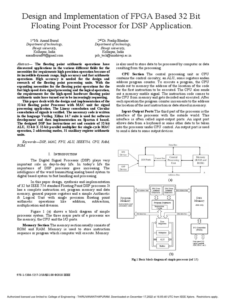 Design And Implementation Of Fpga Based 32 Bit Floating Point Processor For Dsp Application