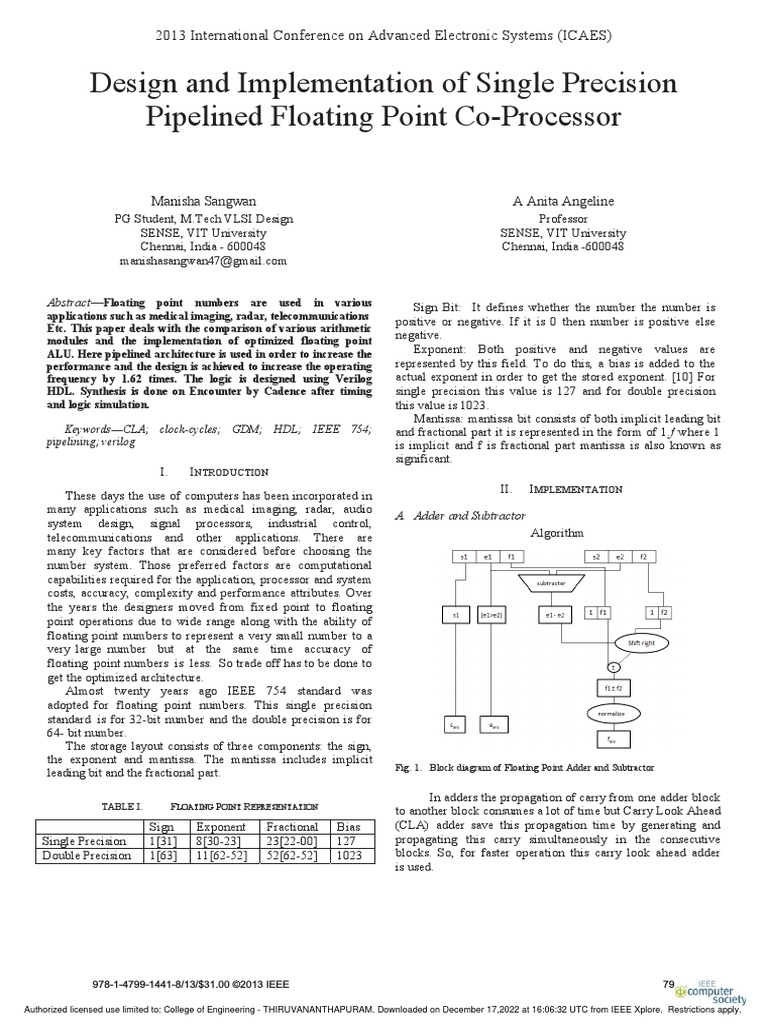 Design and Implementation of Single Precision Pipelined Floating Point Co-Processor | PDF ...