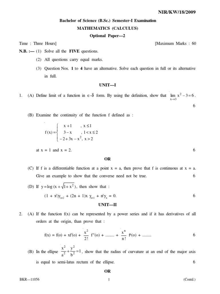 Bachelor of Science (B.SC.) Semester-I Examination Mathematics ...