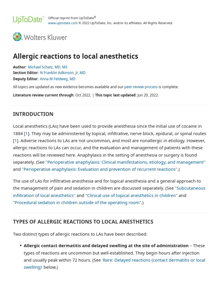Allergic Reactions To Local Anesthetics - UpToDate | PDF | Allergy ...