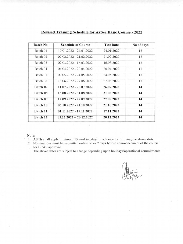 Revised Training Schedule For Avsec Basic Course 2022-1 | PDF