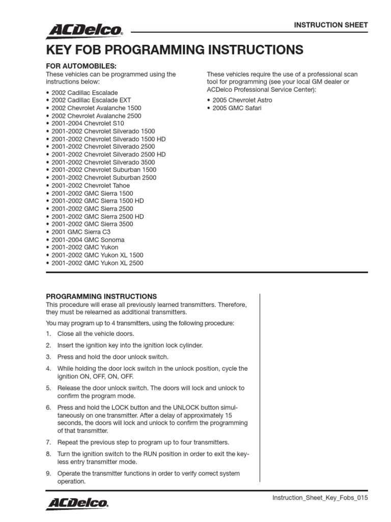 Instruction Sheet Key Fobs 015 | PDF