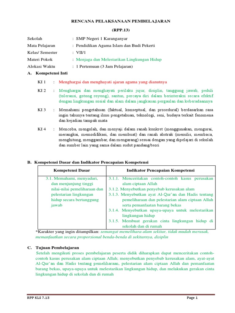 CONTOH RPP 13 Kelas 7 Menjaga Dan Melestarikan Lingkungan Hidup | PDF