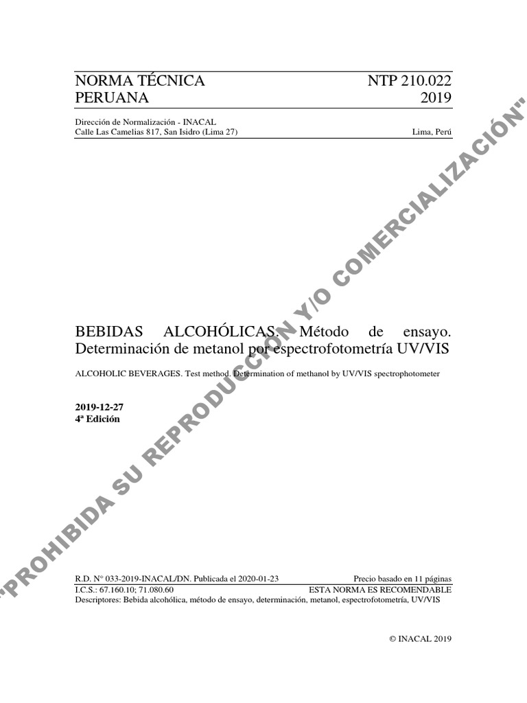 Ntp 210 022 2019 Bebidas Alcoholicas Metodo De Ensayo Determ De