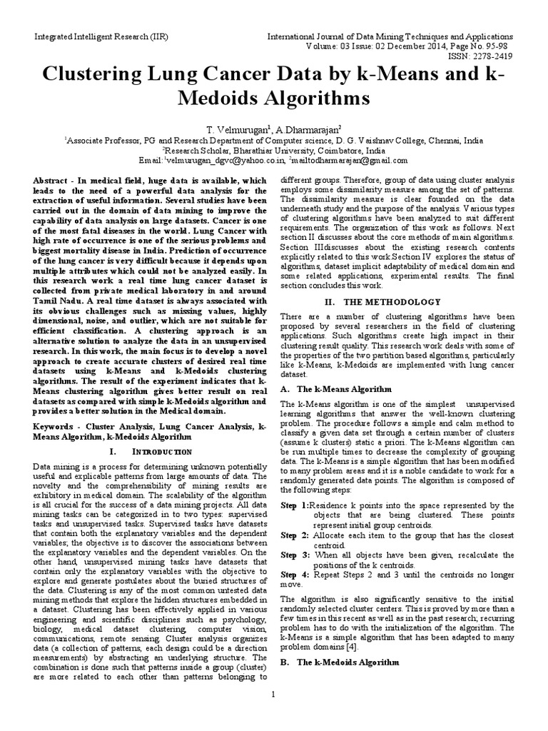 Clustering Lung Cancer Data by K-Means and K-Medoids Algorithms | PDF | Cluster Analysis ...