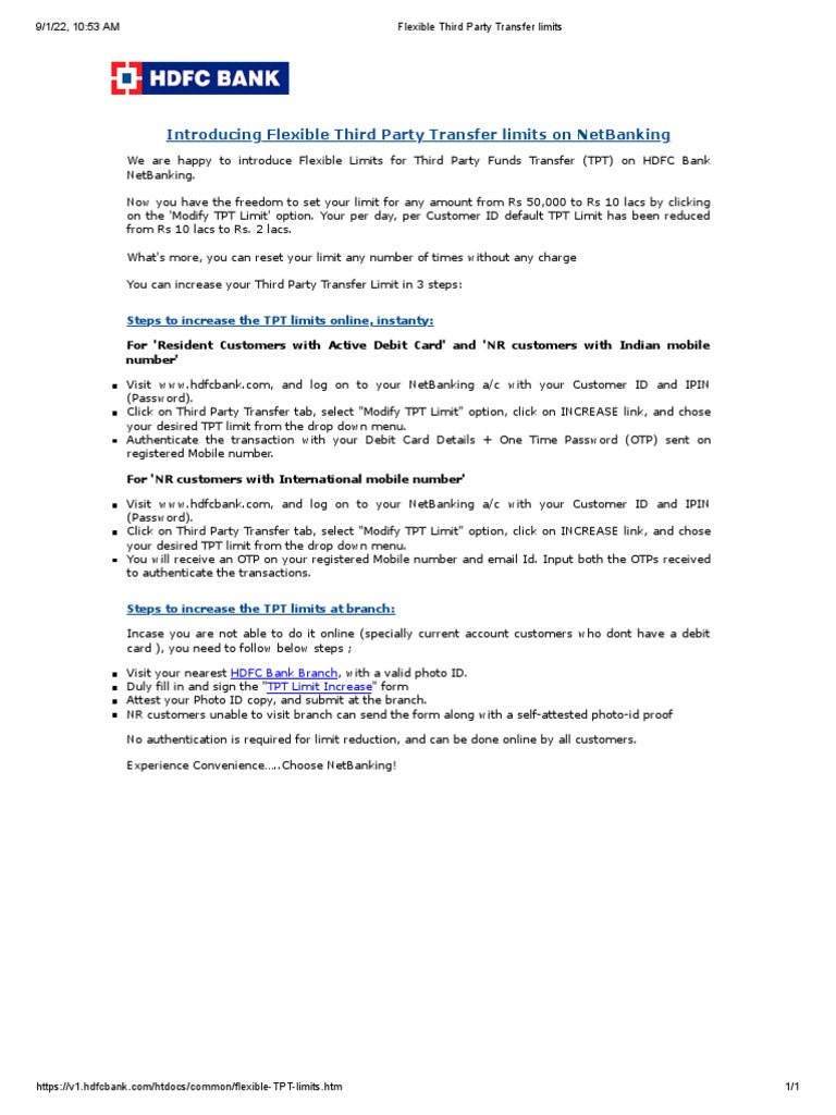 Flexible Third Party Transfer Limits Procedure HDFC | PDF | Online ...