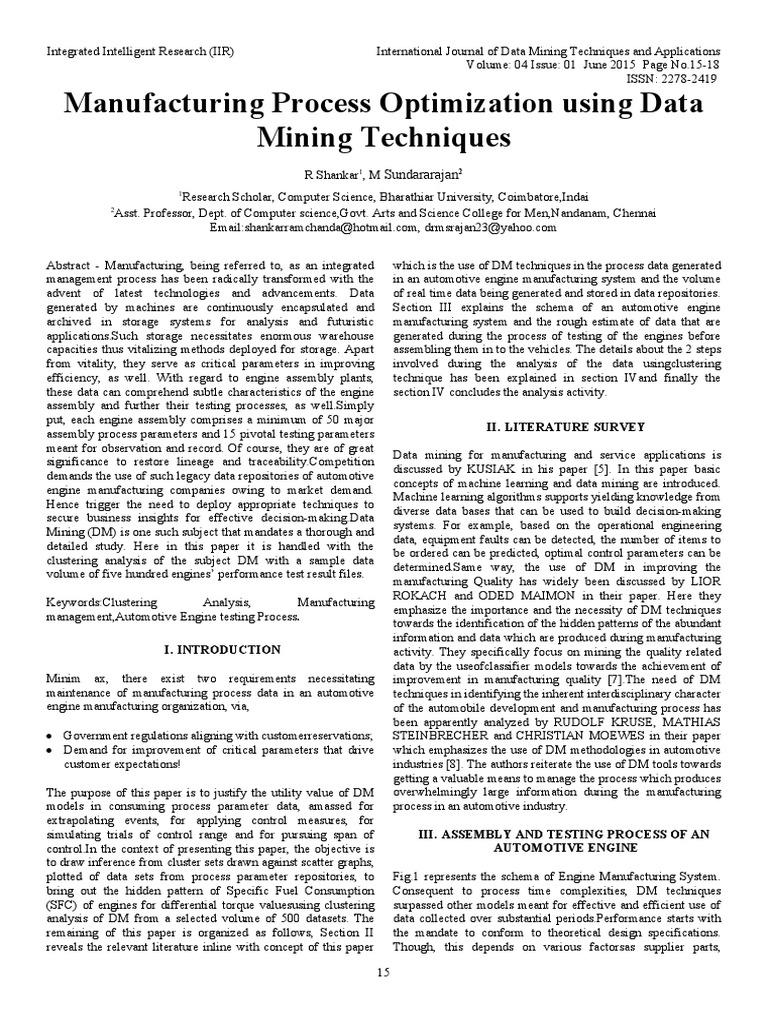Manufacturing Process Optimization Using Data Mining Techniques | PDF | Cluster Analysis | Data