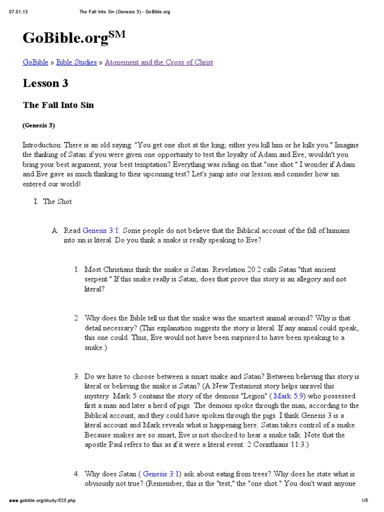 Lesson 3 - The Fall Into Sin | PDF | Adam And Eve | Serpents In The Bible