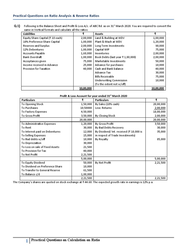 Ratio Analysis Numericals Including Reverse Ratios | PDF | Equity (Finance) | Balance Sheet