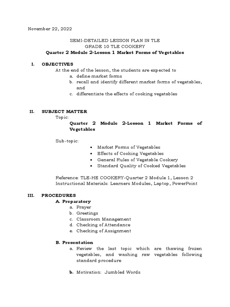 Tle Cookery Module 2 Lesson 1 | PDF | Vegetables | Lesson Plan