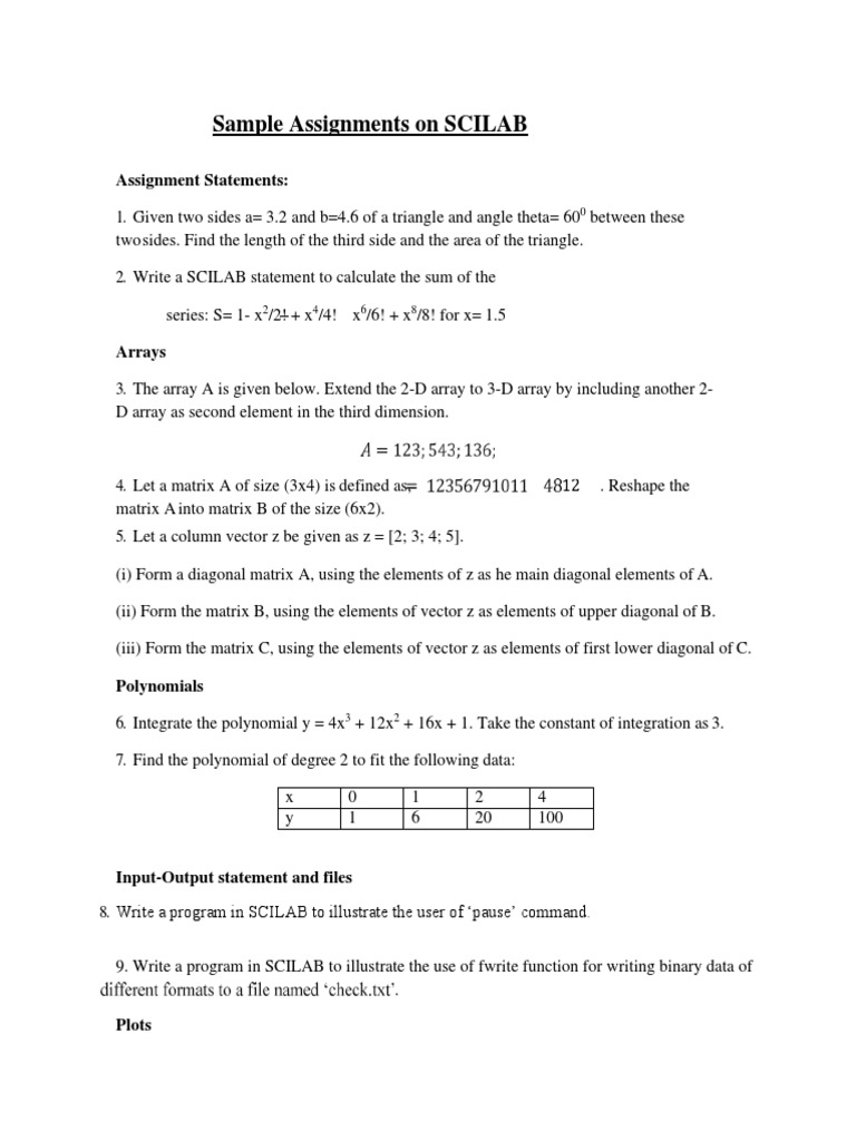 Sample Assignments On SCILAB & PYTHON | PDF | Matrix (Mathematics) | Function (Mathematics)