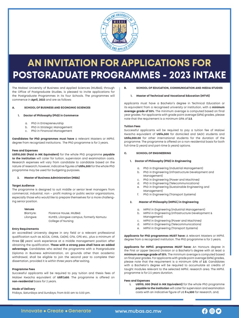 MUBAS Posgraduate Programmes March 2023 Intake Advert For Dissemination ...