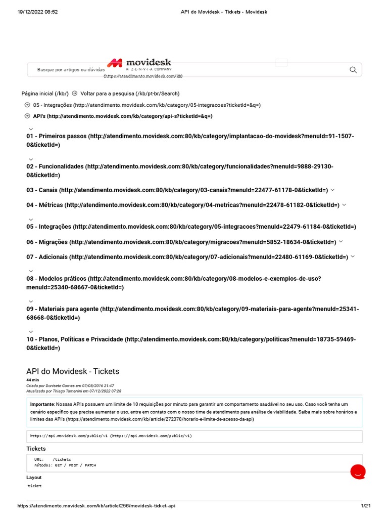 API Movidesk: Documentação de Tickets | PDF | Tempo | Informática