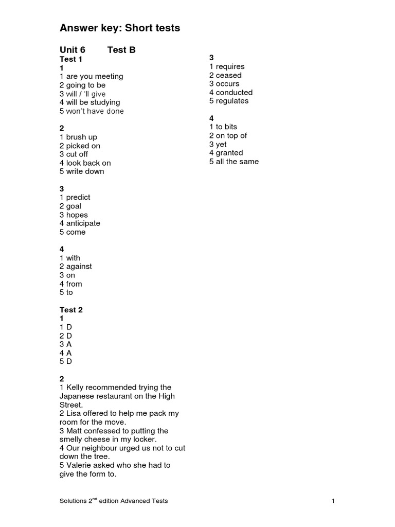 Short Test Unit 6 1B+2B Key | PDF