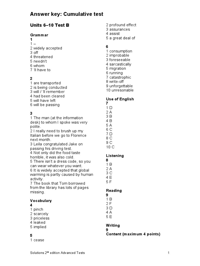 Cumulative Test 6-10B - Key | PDF | Communication | Human Communication