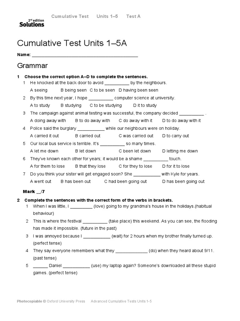 Cumulative Test 1-5A | PDF | Gorilla