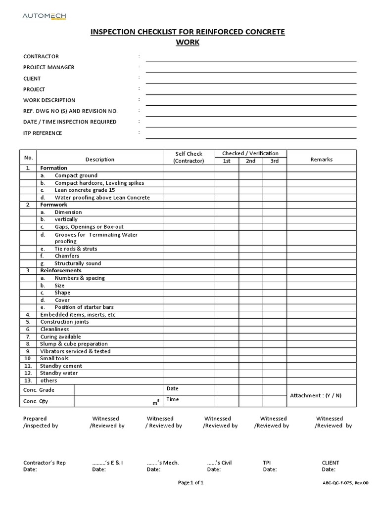 Concrete Work Inspection Checklist | PDF
