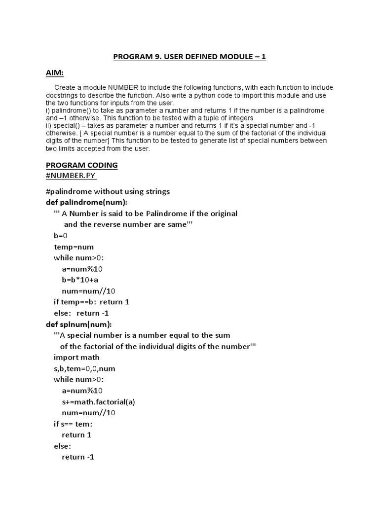 Program 9. User Defined Module - 1 Aim | PDF | Numbers | Parameter (Computer Programming)