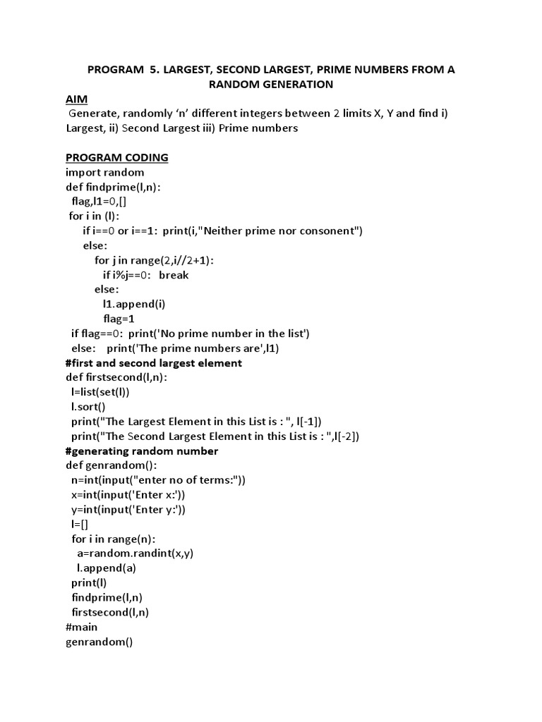 Program 5. Largest, Second Largest, Prime Numbers From A Random Generation AIM | PDF