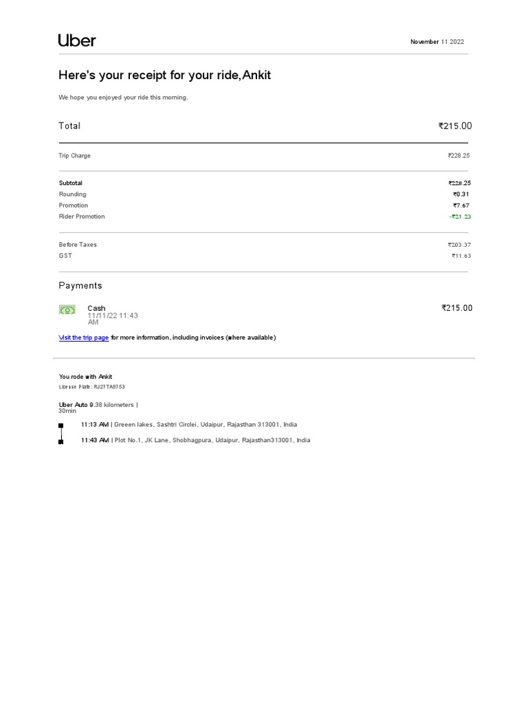 Here's Your Receipt For Your Ride, Ankit: Total 215 .00 | PDF
