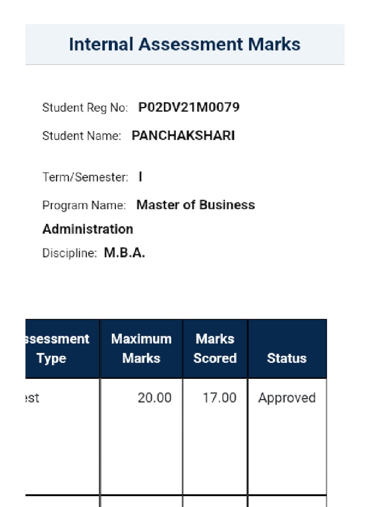 Student Internal Assessment Marks PDF