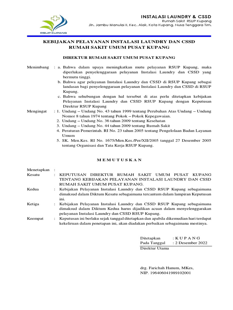 SK Kebijakan Pelayanan Instalasi Laundry Dan CSSD | PDF