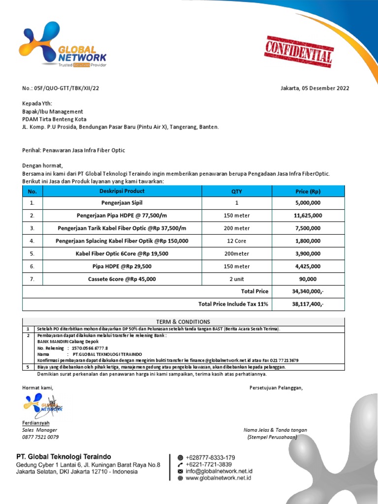 Penawaran Harga Jasa Infra FiberOptic PDAM Tirta Benteng Kota | PDF ...