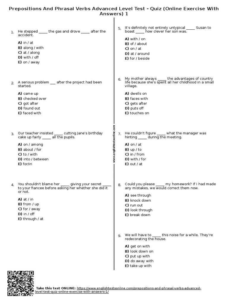 394 - Prepositions and Phrasal Verbs Advanced Level Test Quiz Online ...