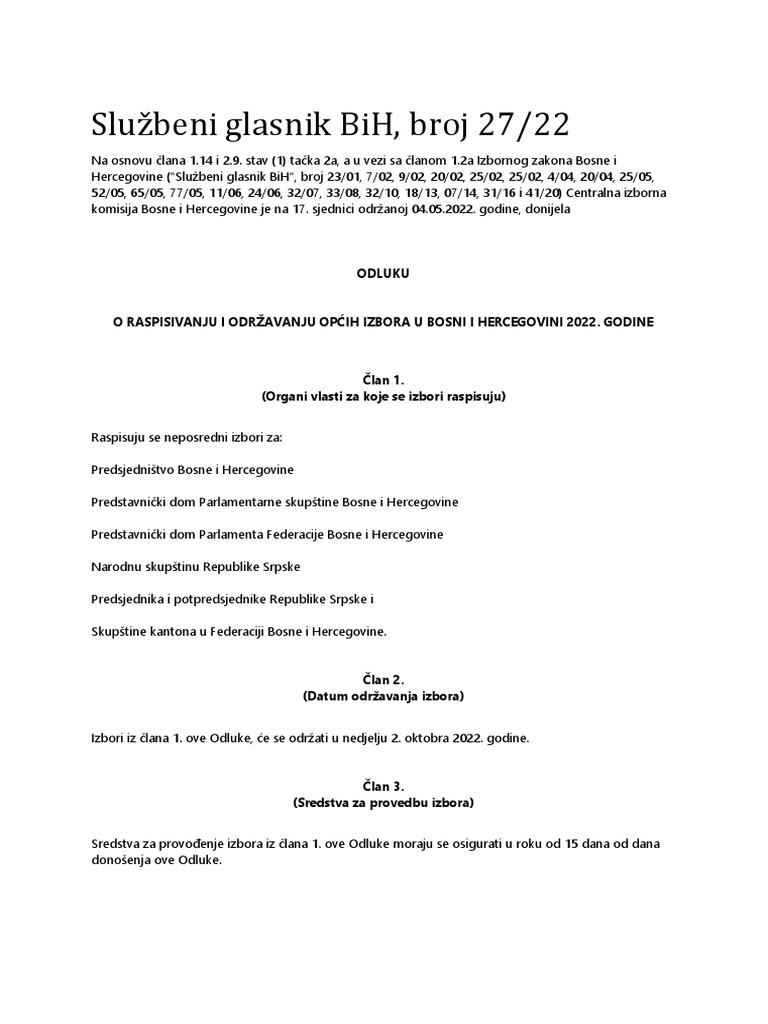 Odluka o Raspisivanju I Održavanju Općih Izbora U Bosni I Hercegovini 2022. Godine | PDF