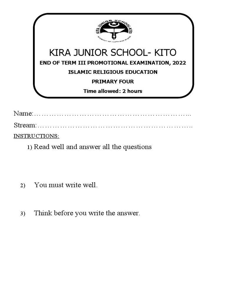 Kira Junior School Islamic Exam for Primary Four | PDF | Prophets And ...